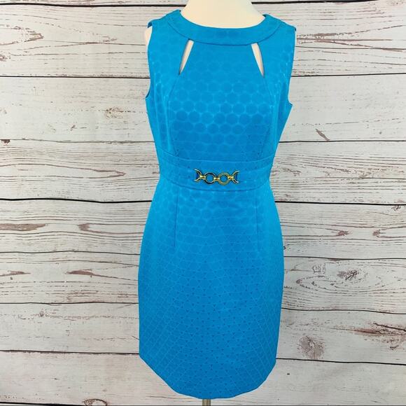 Tahari | Dresses | Tahari Arthur S Levin Blue Sheath Dress Gold Belt ...